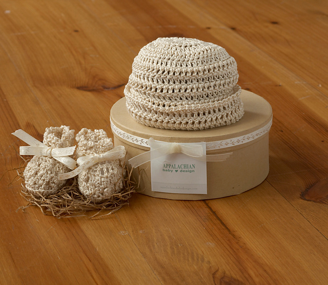Ravelry: Cotton Newborn Cuff Hat and Booties Kit pattern by Judy Fleshman