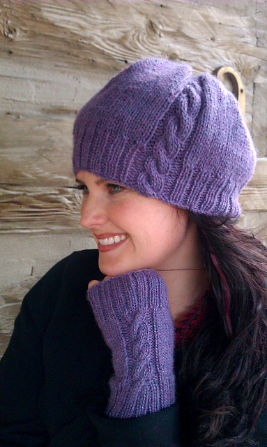 Ravelry: Cabled Slouchy hat and Matching Fingerless gloves pattern by Knotty Knitter Designs