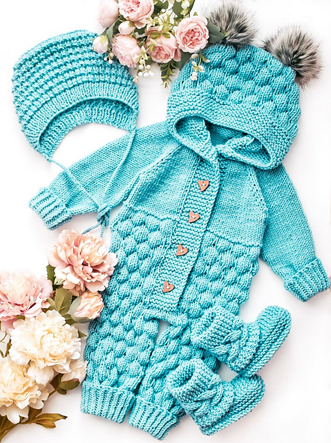 Ravelry: Set of Bubble Stitch Jumpsuit,Booties,Beanie pattern by Loreta ...