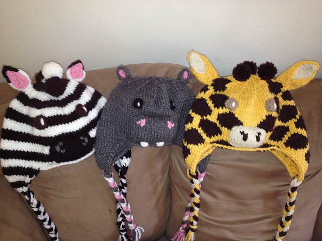 Ravelry: Safari Earflap Hats (Zebra, Hippo, Giraffe) pattern by Kelsey Vo