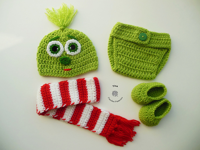 Ravelry: Grinch Baby Hat, Scarf, Diaper Cover and Shoes Set pattern by ...