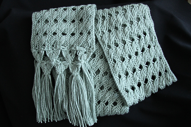 Ravelry: A Scarf to Knit with Macramé Trim pattern by Kristine Byrnes
